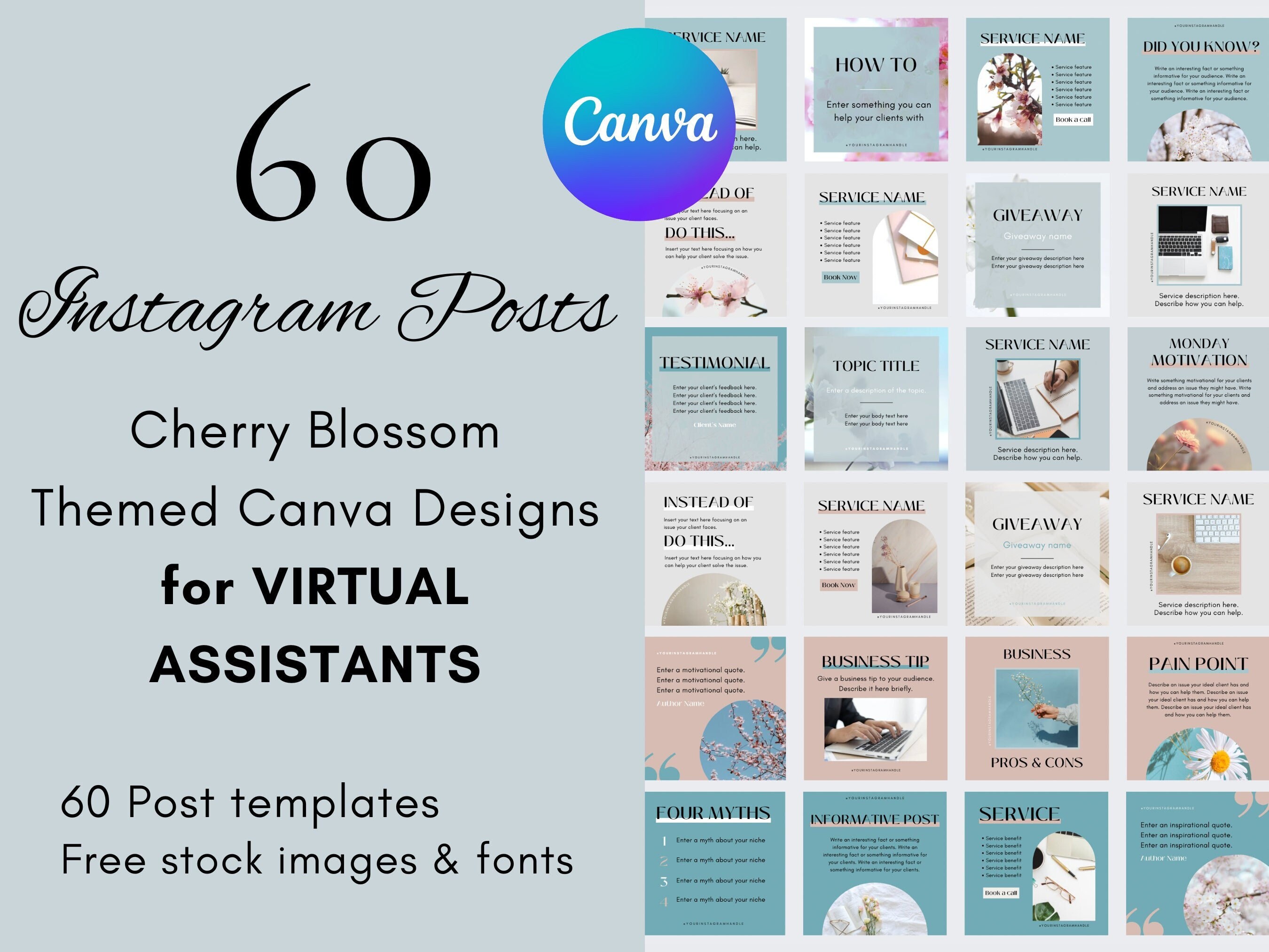 Cherry Blossom Virtual Assistant Instagram Posts Canva Template ...