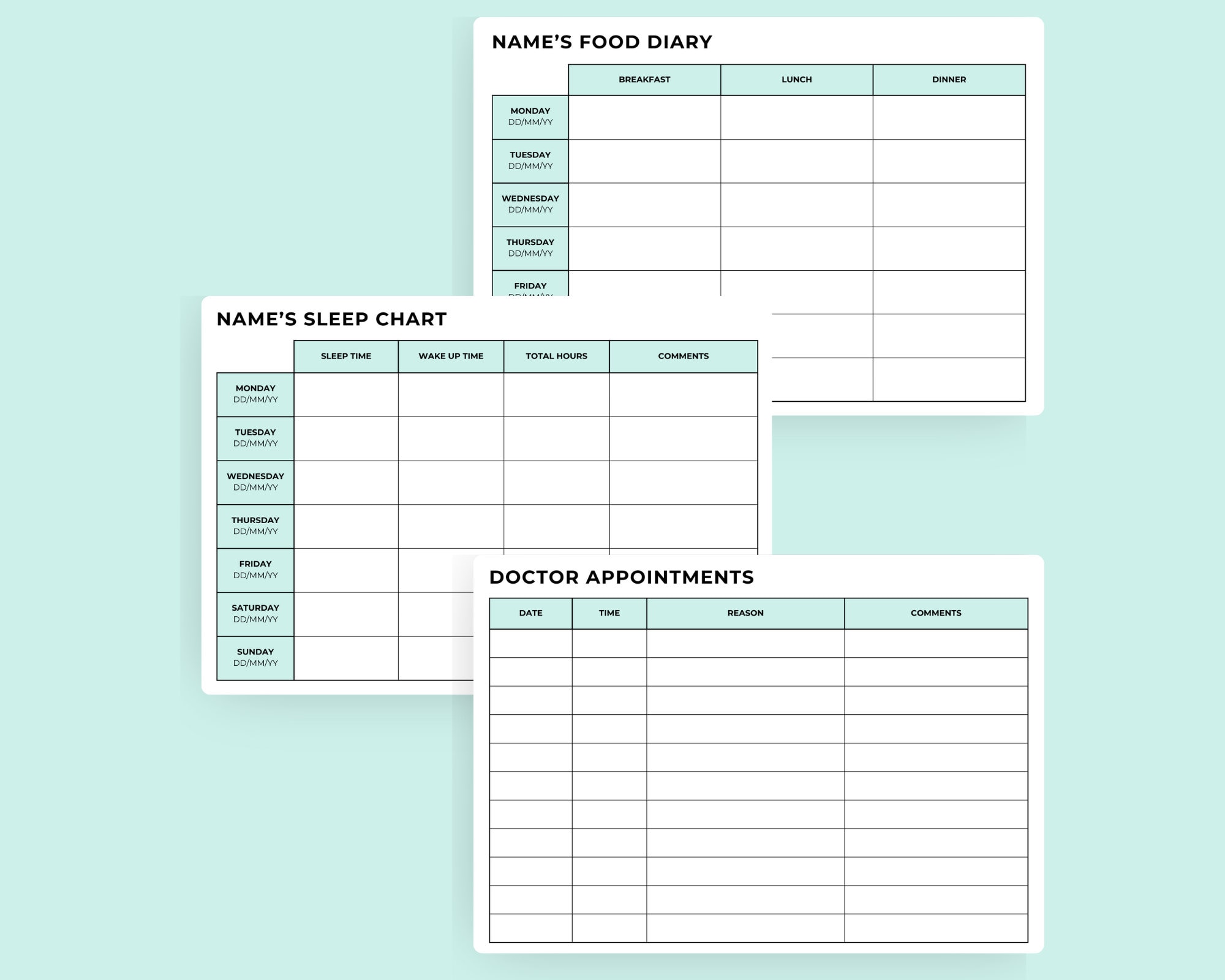 Newborn Food Chart Canva Templates | Sleep and Visits Tracker | Food ...