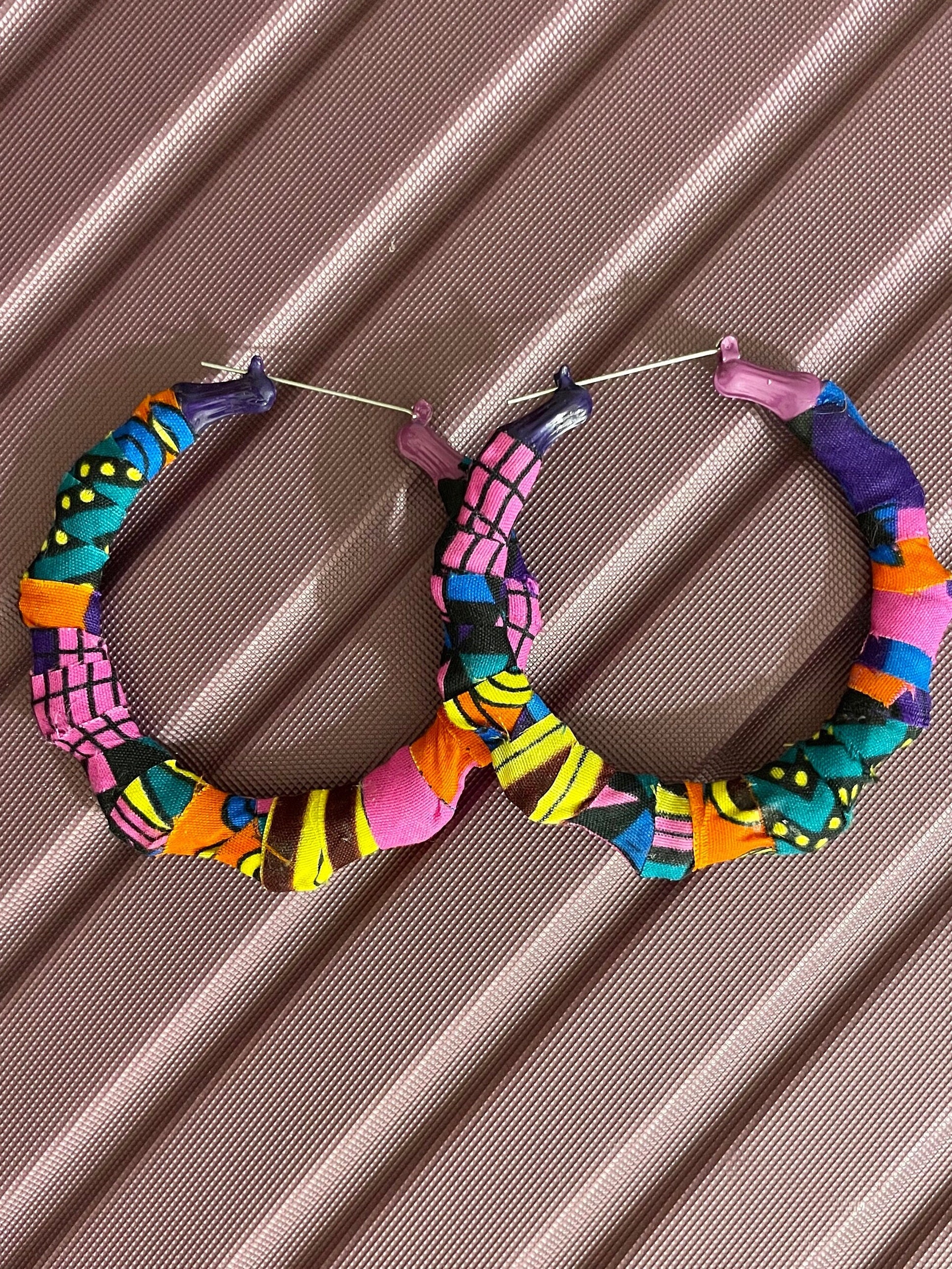 Ankara Fabric, Colorful Bamboo Hoops, African Fabric, Hoop Earrings - Etsy