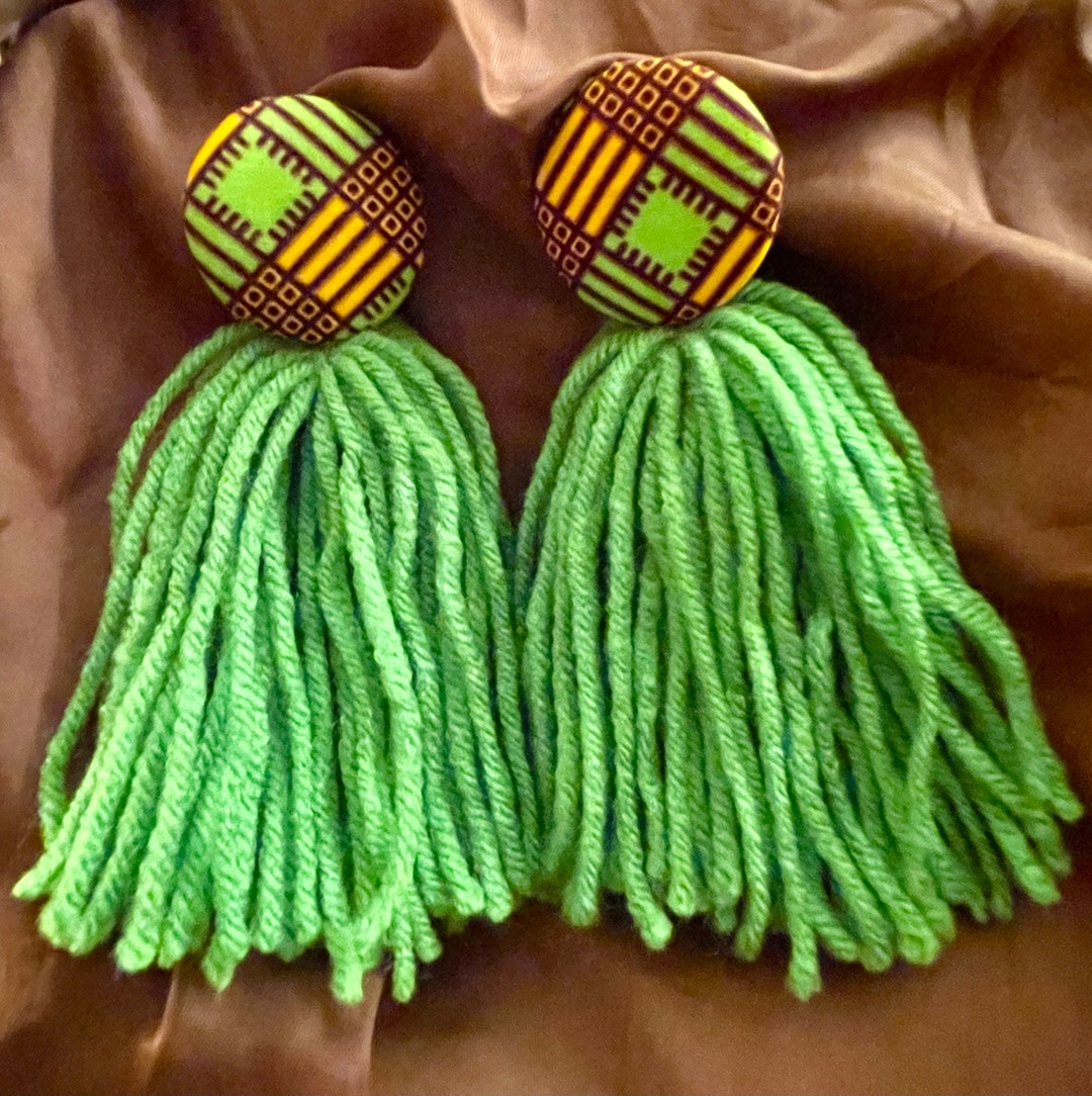 Green Kentè Fabric Button Yarn Earrings - Etsy