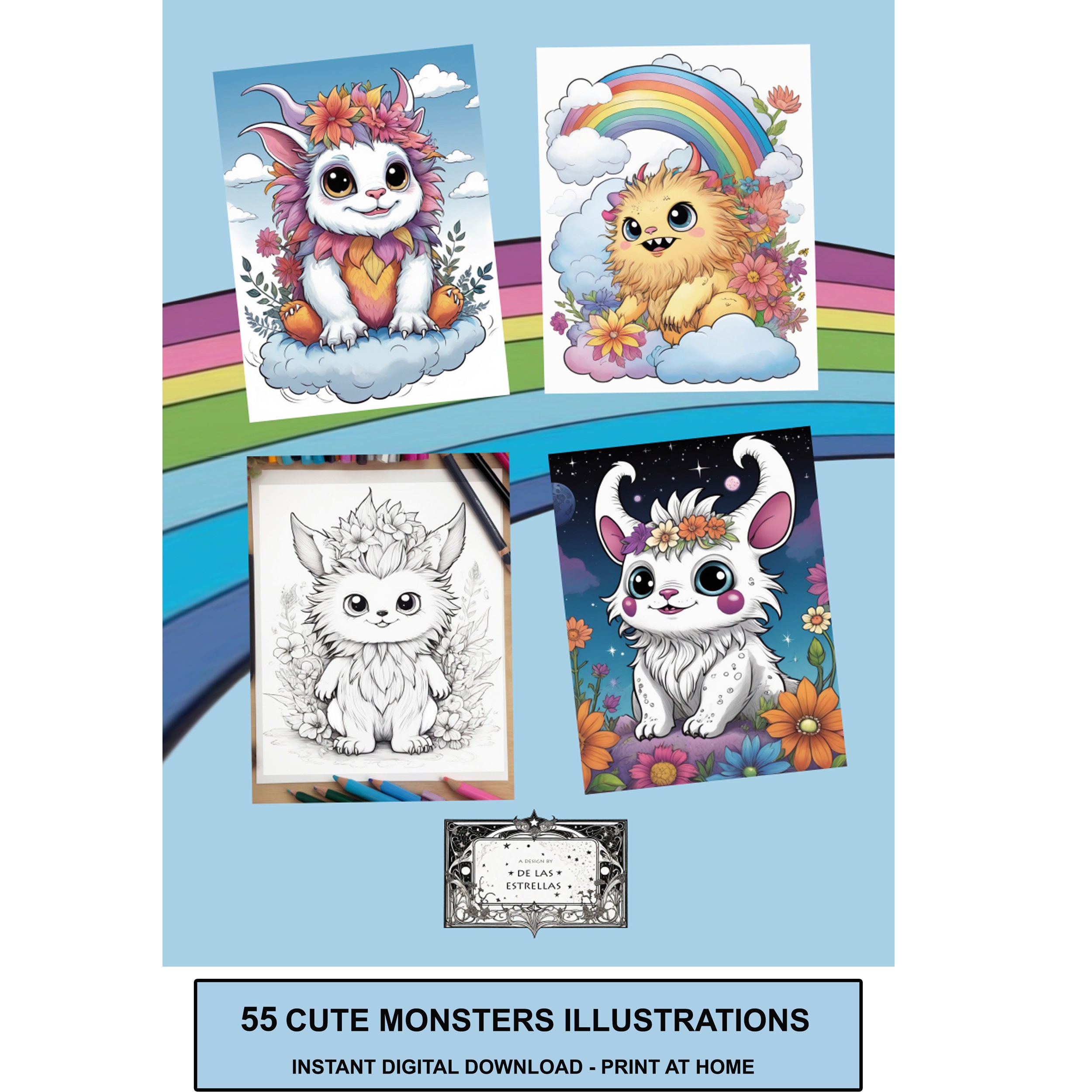 55 Illustrations to Color in HAPPY FLOWER MONSTERS Cute Animals ...