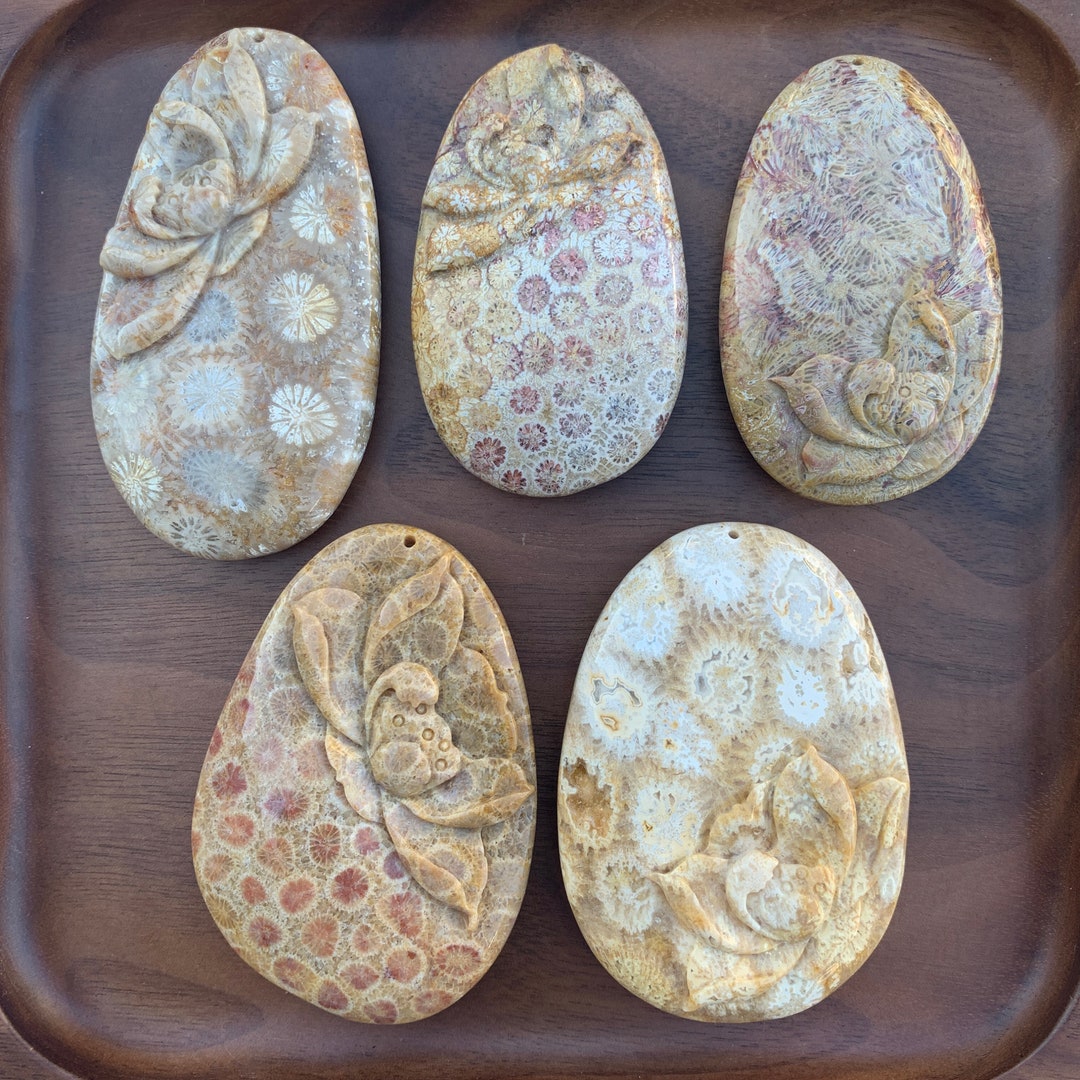 Hand Carved Lotus Flower Fossil Coral Pendant Necklace - Artisan ...