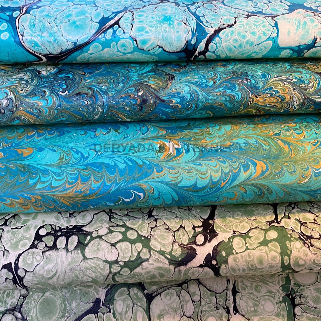 Handmade Marbled Paper | Jade Green, Turquoise & Yellow Ebru Art ...