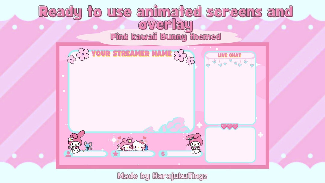 1920 X 1080 Pink Kawaii Twitch Stream Overlay With Animated Screens ...