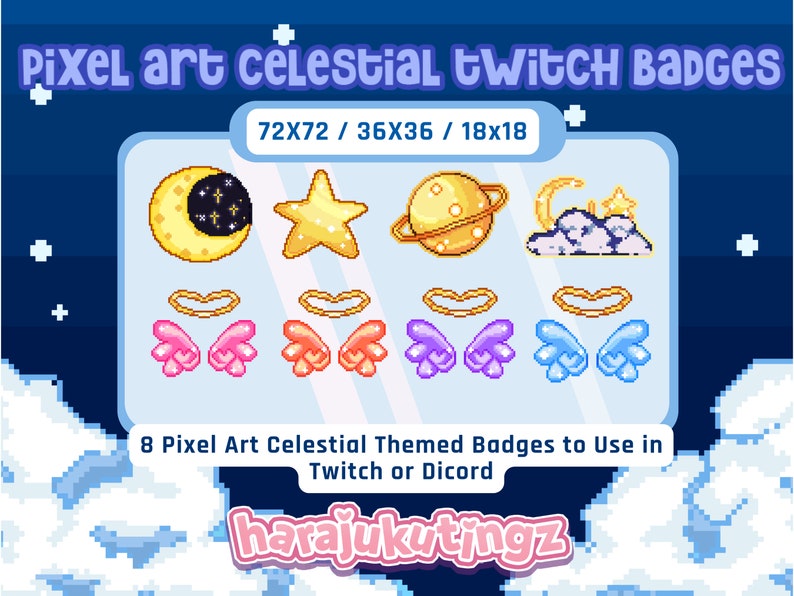Pixel Art Celestial Twitch Badge Pack | 18x18 | 36x36 | 72x72 | Moon ...