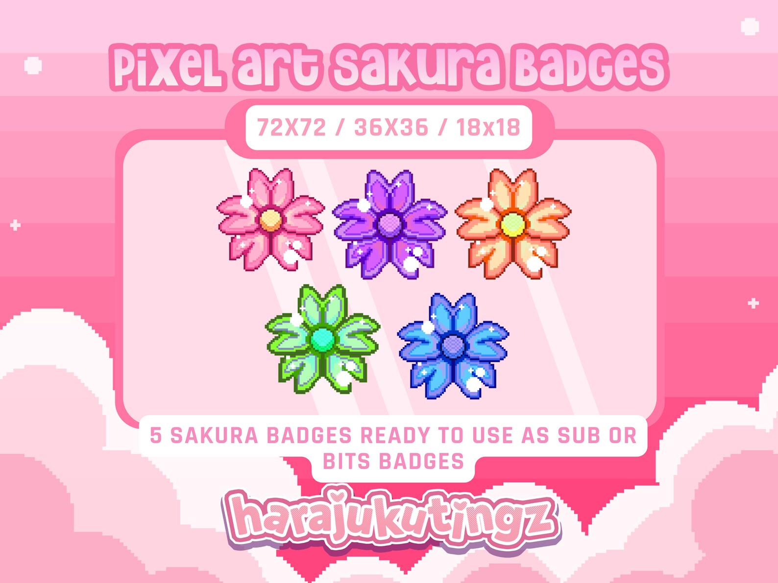 Pink Pixel Art Sakura Twitch Sub Bit Badges Kawaii 72x72 36x36 18x18 ...