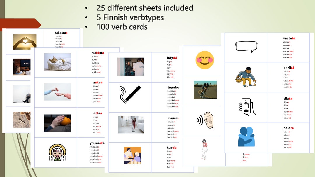 Learn FINNISH. 100 Most Commonly Used Finnish Verb Cards With Verb ...