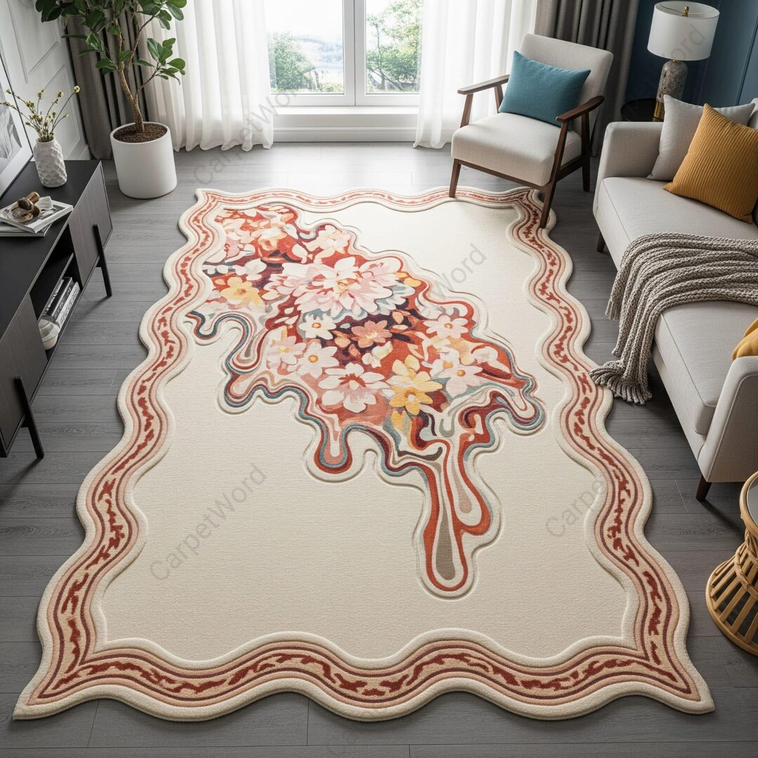 Off White Brown Scalloped Edge Multicolored Abstract Melting Floral ...