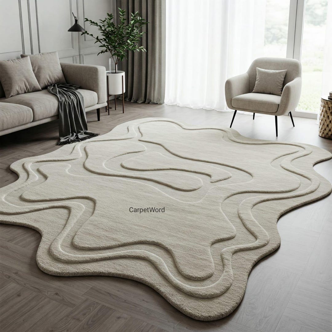 Light Beige Abstract Hand Tufted Wool Area Rugs, 8x10 Amoeba Shape Rugs ...