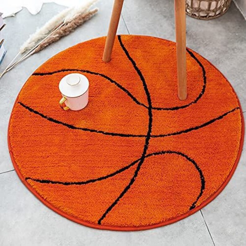 Basketball Round Handmade Tufted Orange Black 100% Wool Rug for Any ...