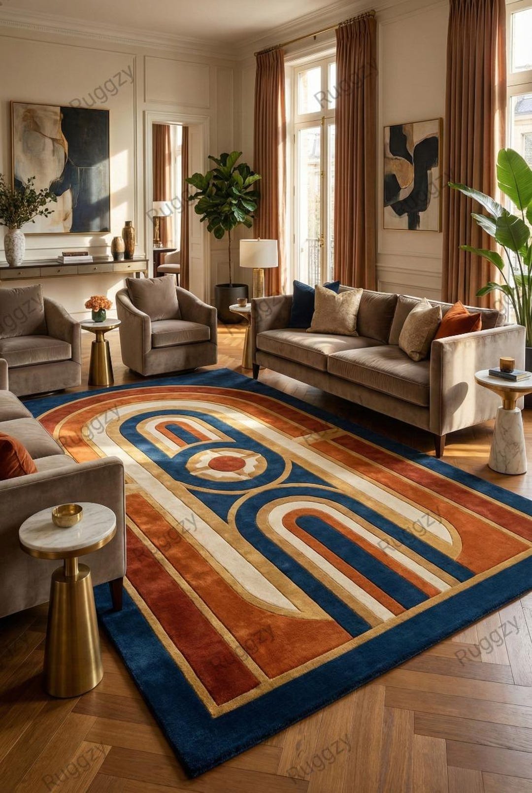 Hand Tufted Art Deco Geometric Area Rug – Rust, Navy Blue, Cream ...