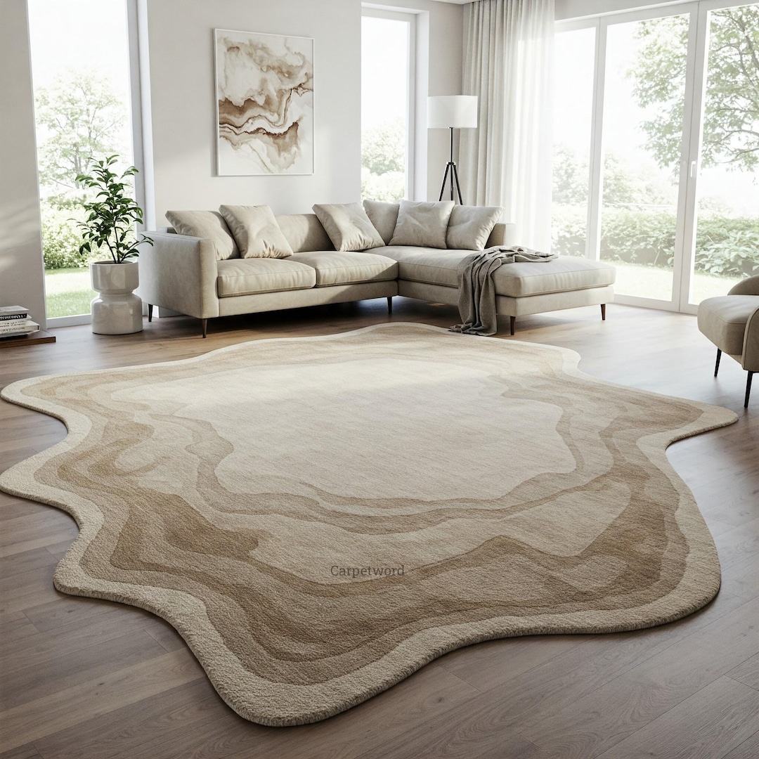 Muted Beige Irregular Shape Hand Tufted Abstract Melting Wool Area Rug ...