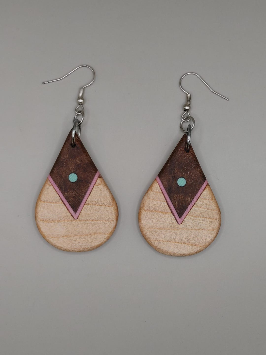 Geometric Raindrop Earrings: Curly Maple, Walnut & Pink G10 ...