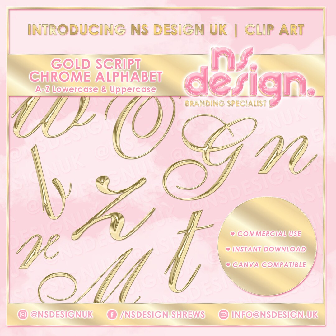 A-Z Gold Script Chrome 3D Letters, Gold Script Chrome Alphabet, Chrome ...