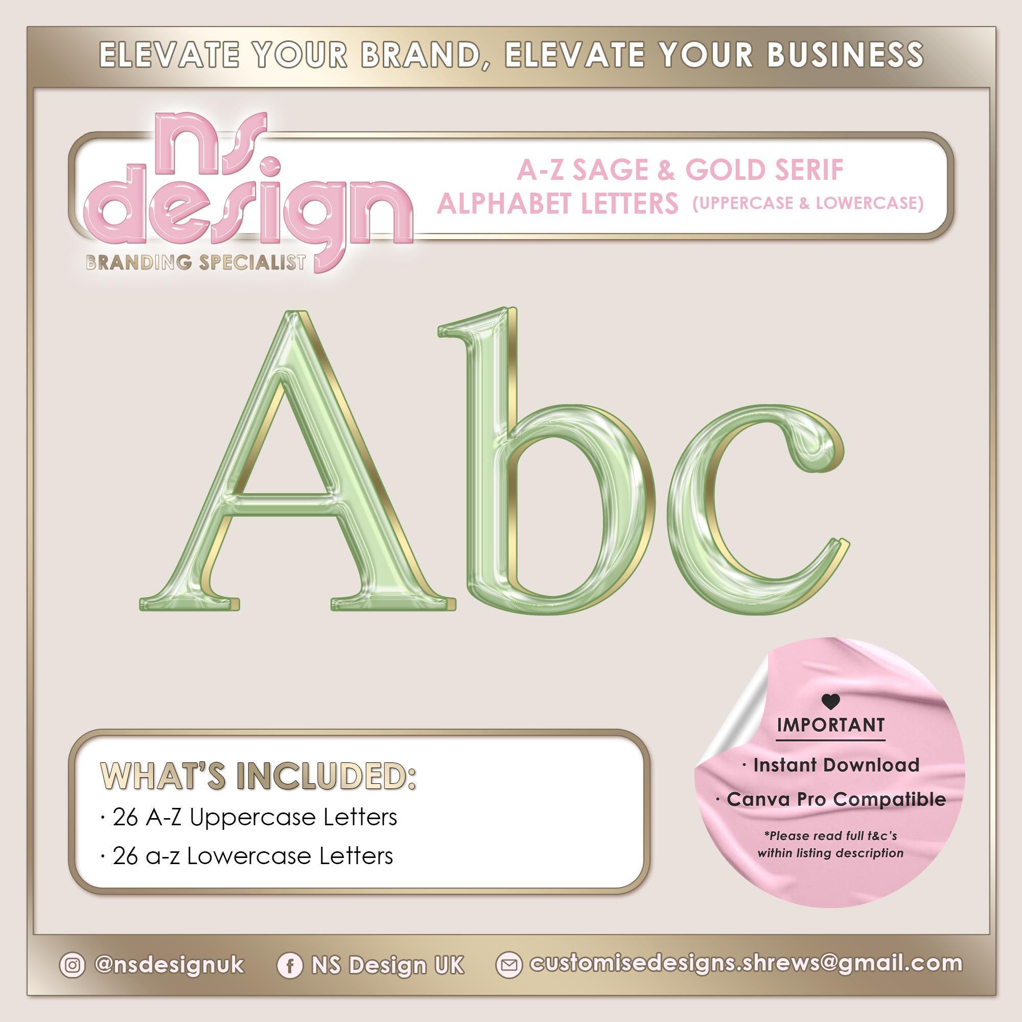A-Z Sage and Gold Glossy Serif Letters, Sage and Gold Glossy Alphabet ...