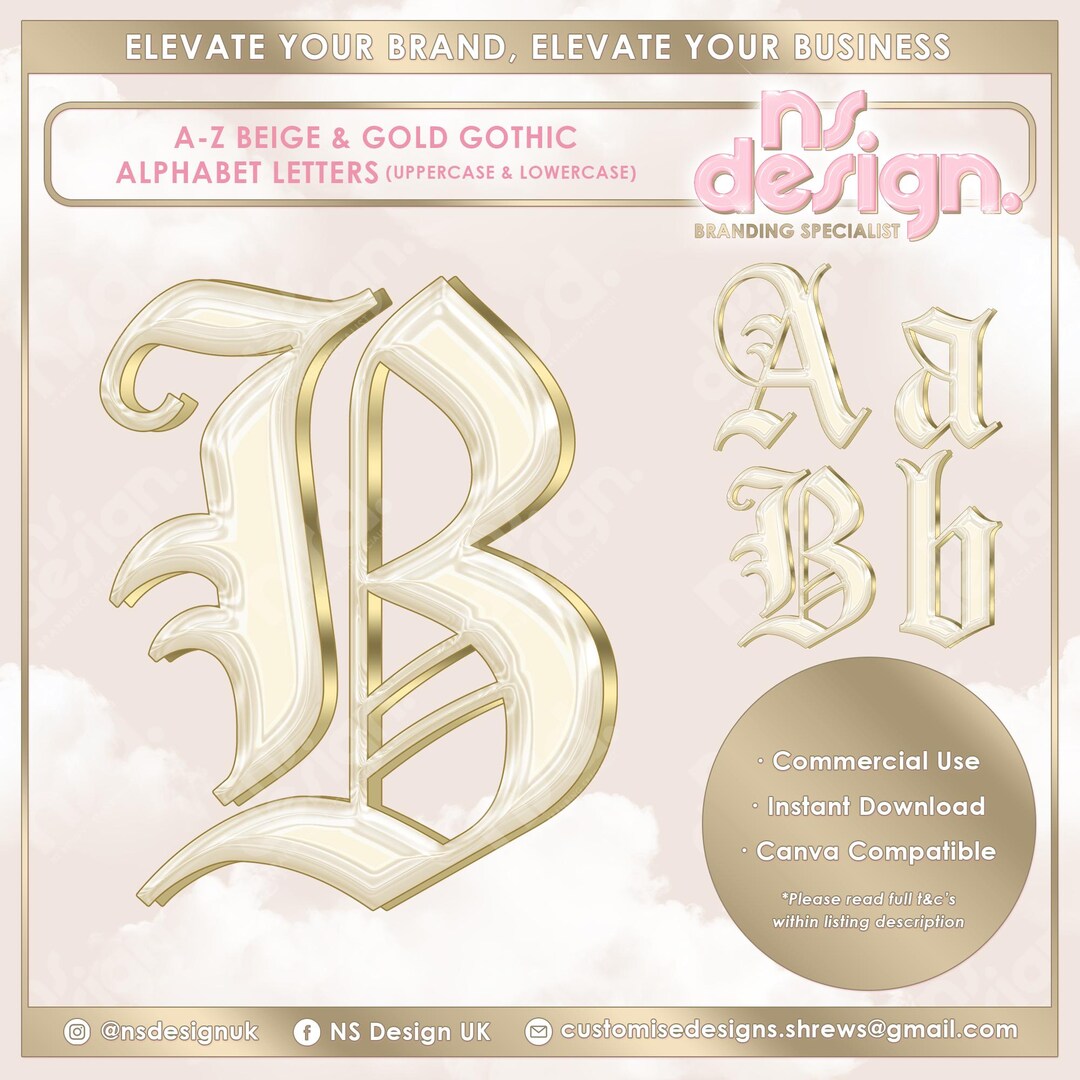 A-Z Beige and Gold Glossy Gothic Blackletter Letters, Beige and Gold ...