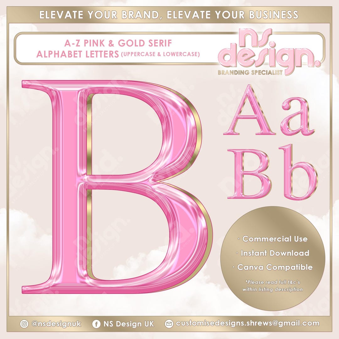 A-Z Pink and Gold Glossy Serif Letters, Pink and Gold Glossy Alphabet ...