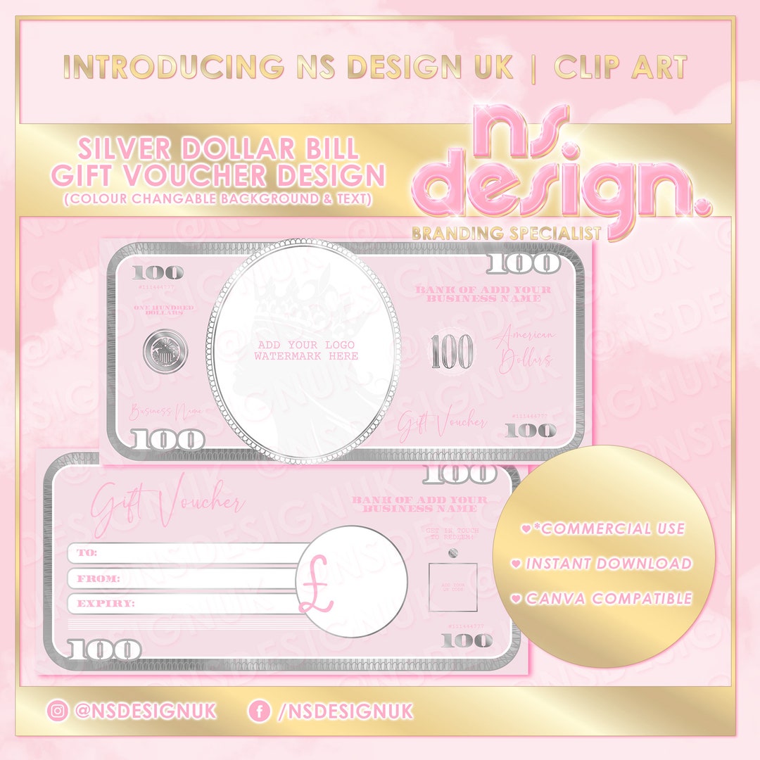 Dollar Bill Style Gift Voucher Design, Canva Editable, Silver, Editable ...