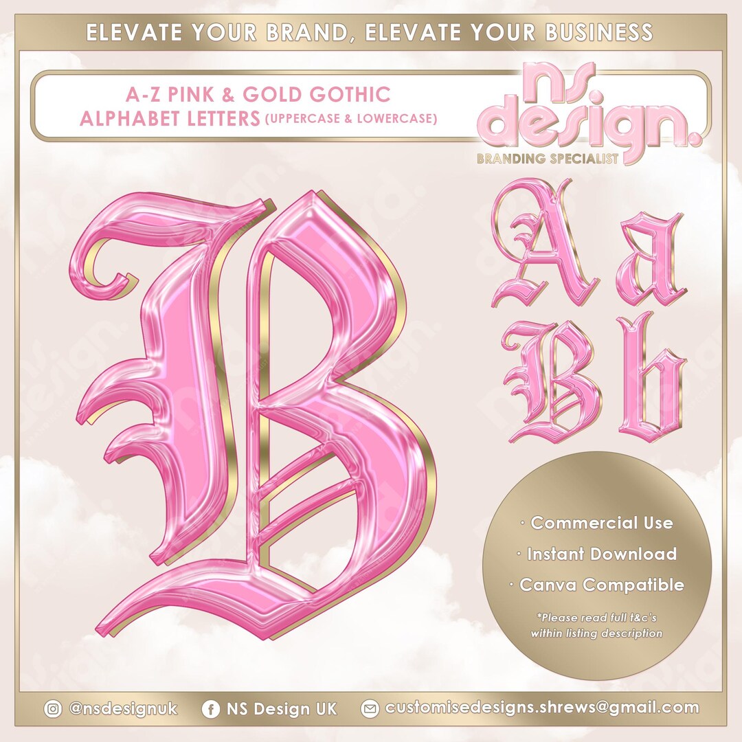 A-Z Pink and Gold Glossy Gothic Blackletter Letters, Pink and Gold ...