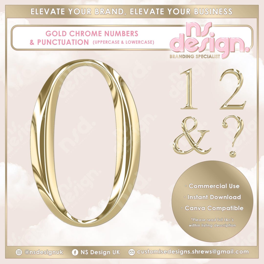 0-9 Numbers and Punctuation/grammar Gold Chrome 3D Letters, Gold Chrome ...