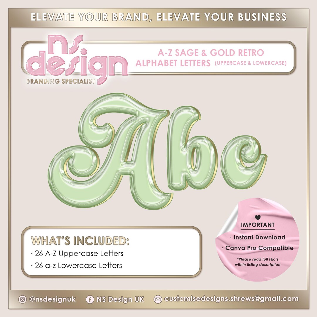 A-Z Sage and Gold Glossy Retro Letters, Sage and Gold Glossy Alphabet ...