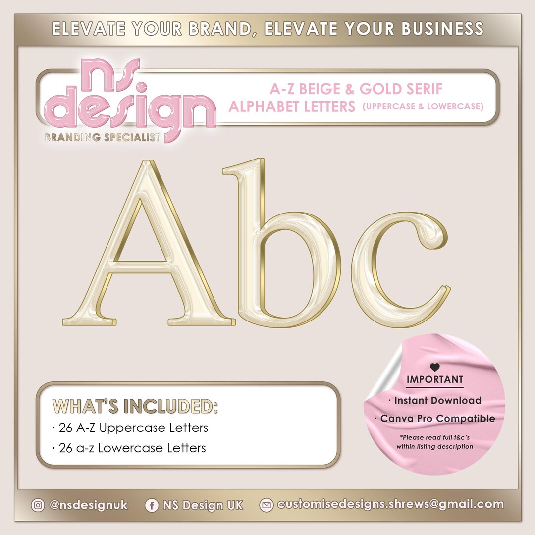 A-Z Beige and Gold Glossy Serif Letters, Beige and Gold Glossy Alphabet ...