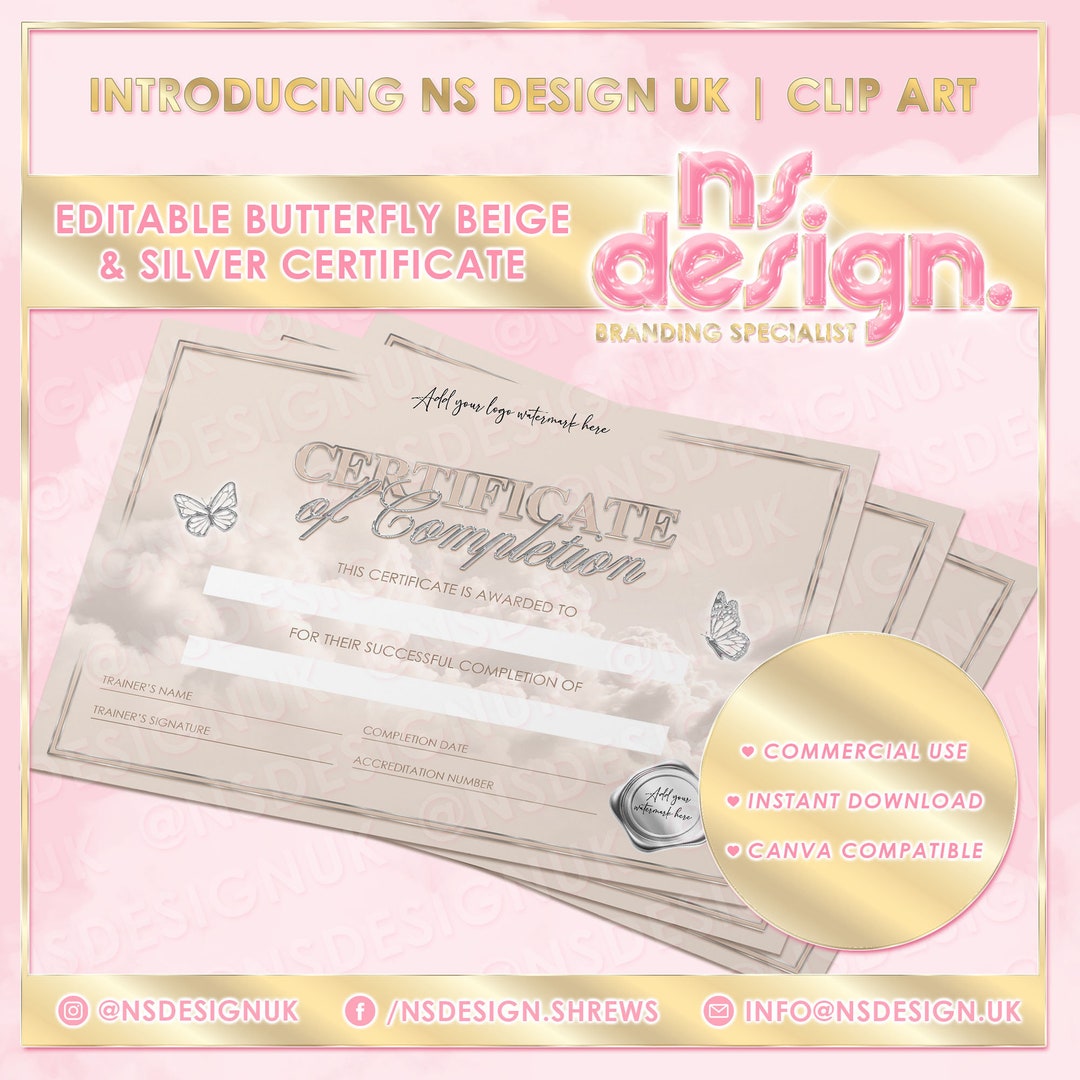 Certificate of Completion Template Design, Canva Editable, Butterfly ...