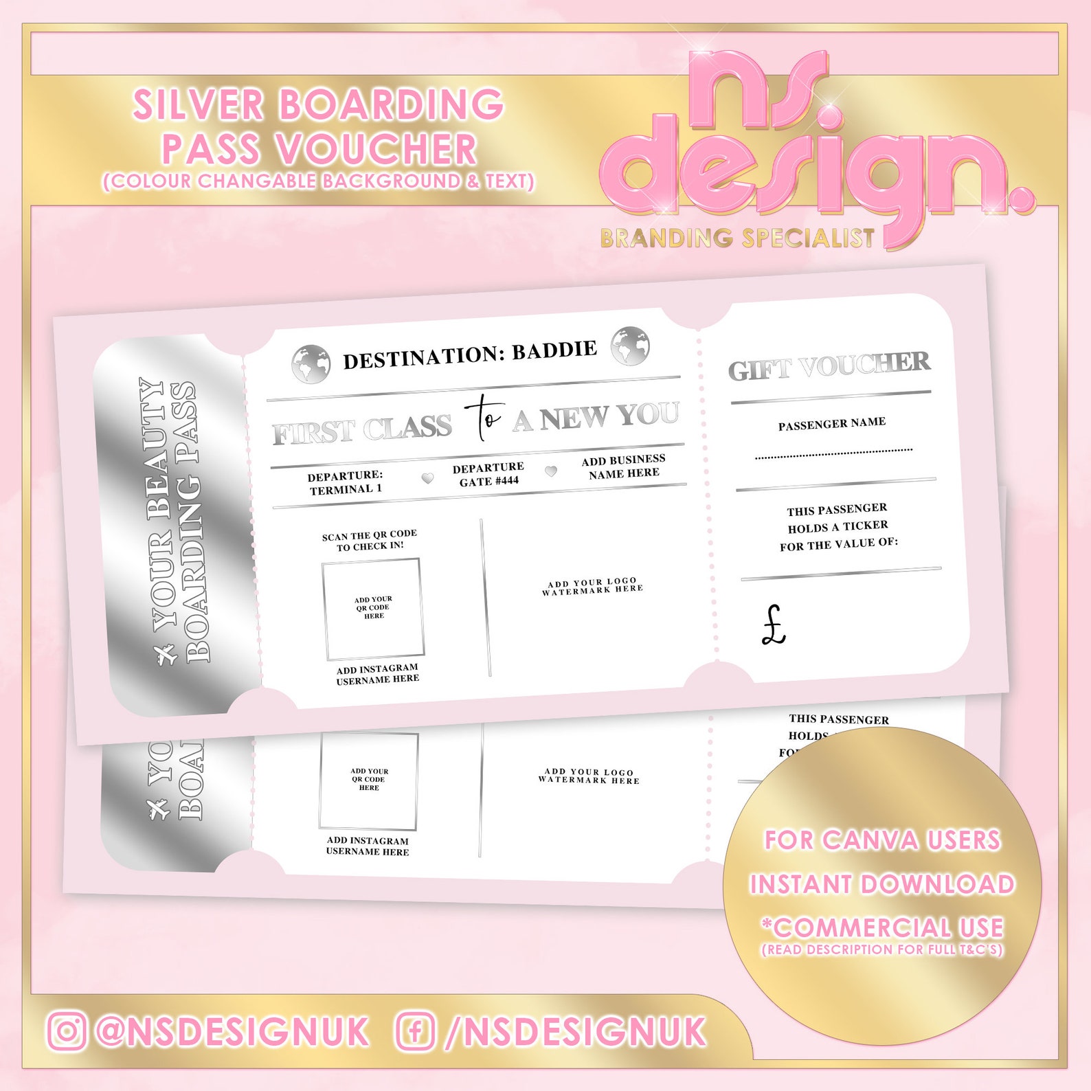 Boarding Pass Gift Voucher Design, Canva Editable, Silver, Editable ...
