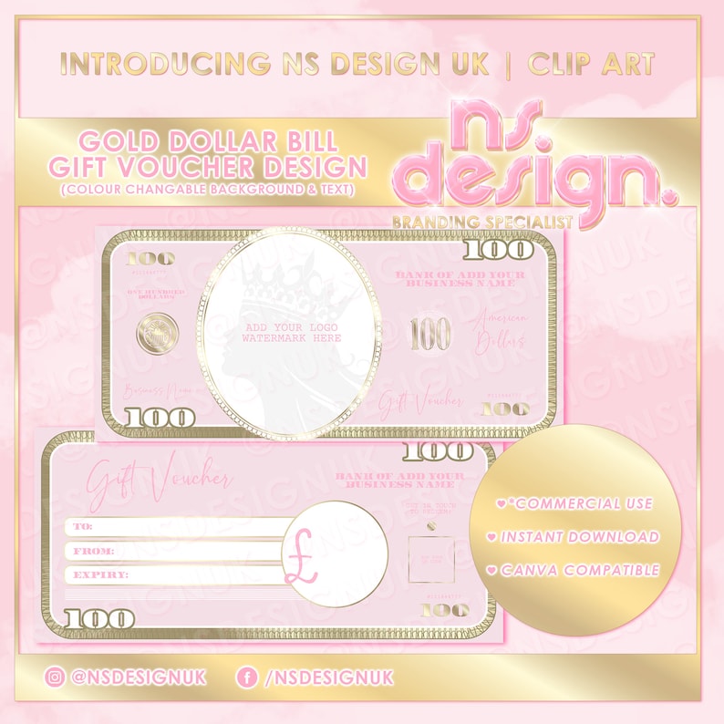 Dollar Bill Style Gift Voucher Design, Canva Editable, Gold, Editable ...