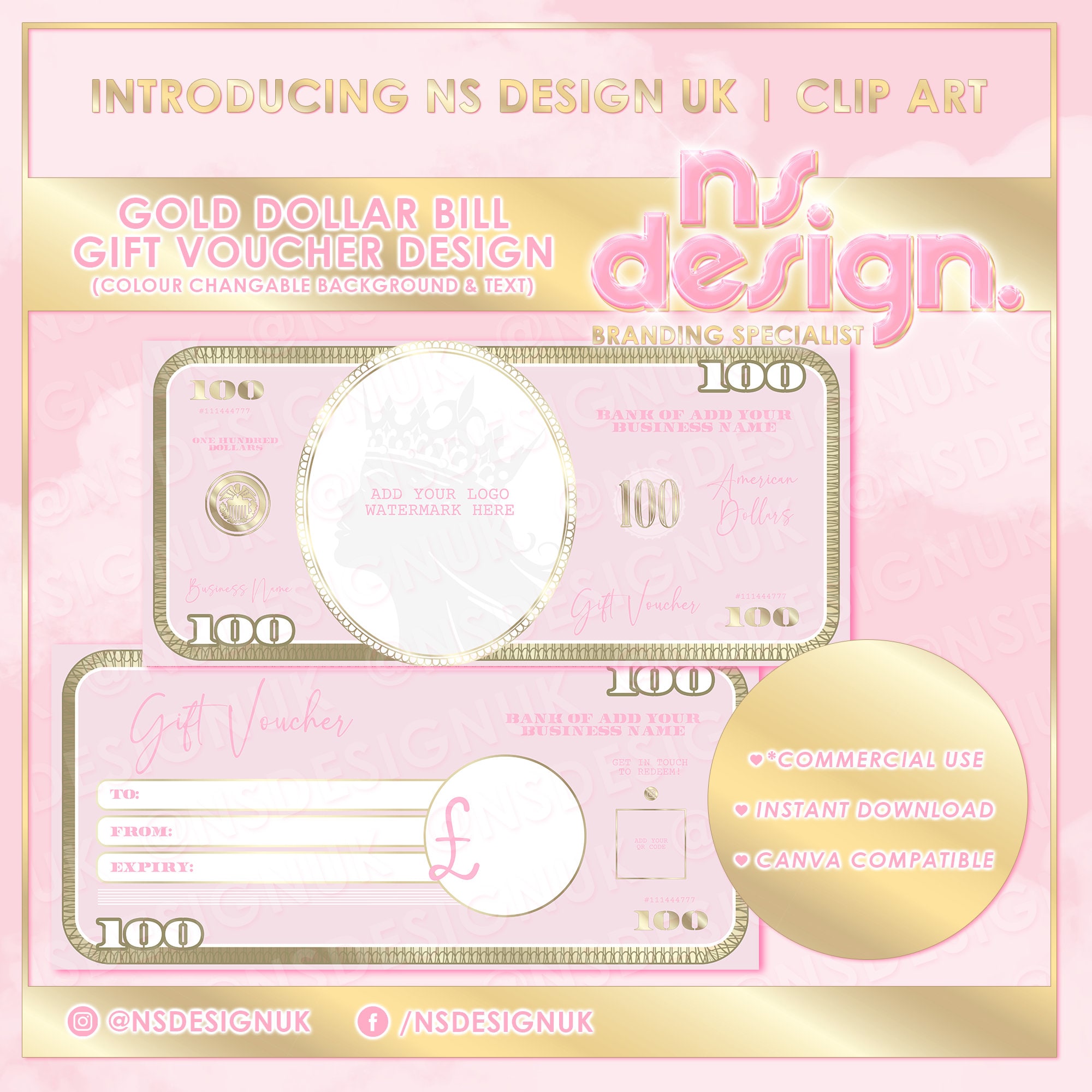 Dollar Bill Style Gift Voucher Design, Canva Editable, Gold, Editable ...
