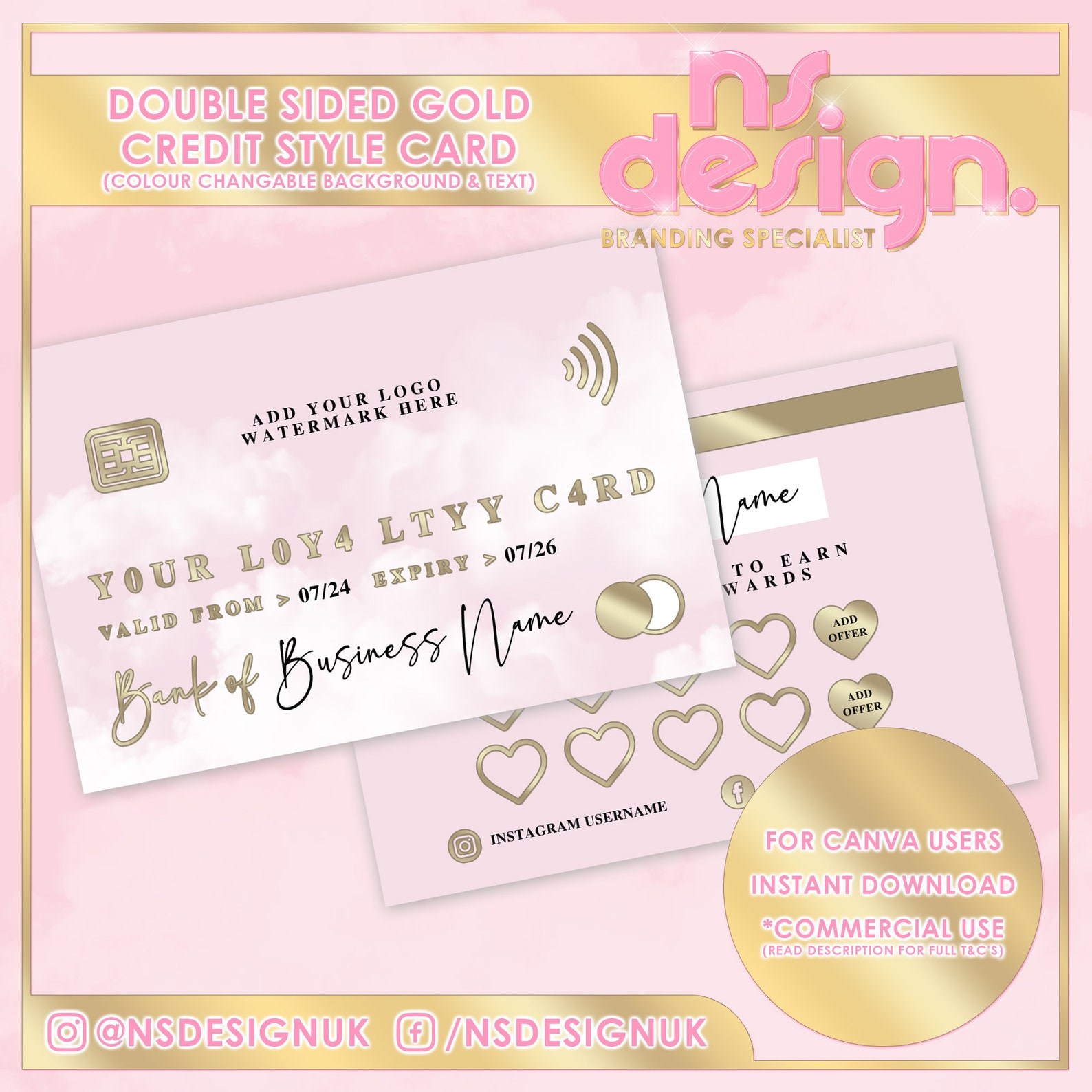 Loyalty Heart Credit Card Design, Canva Editable, Gold, Editable ...
