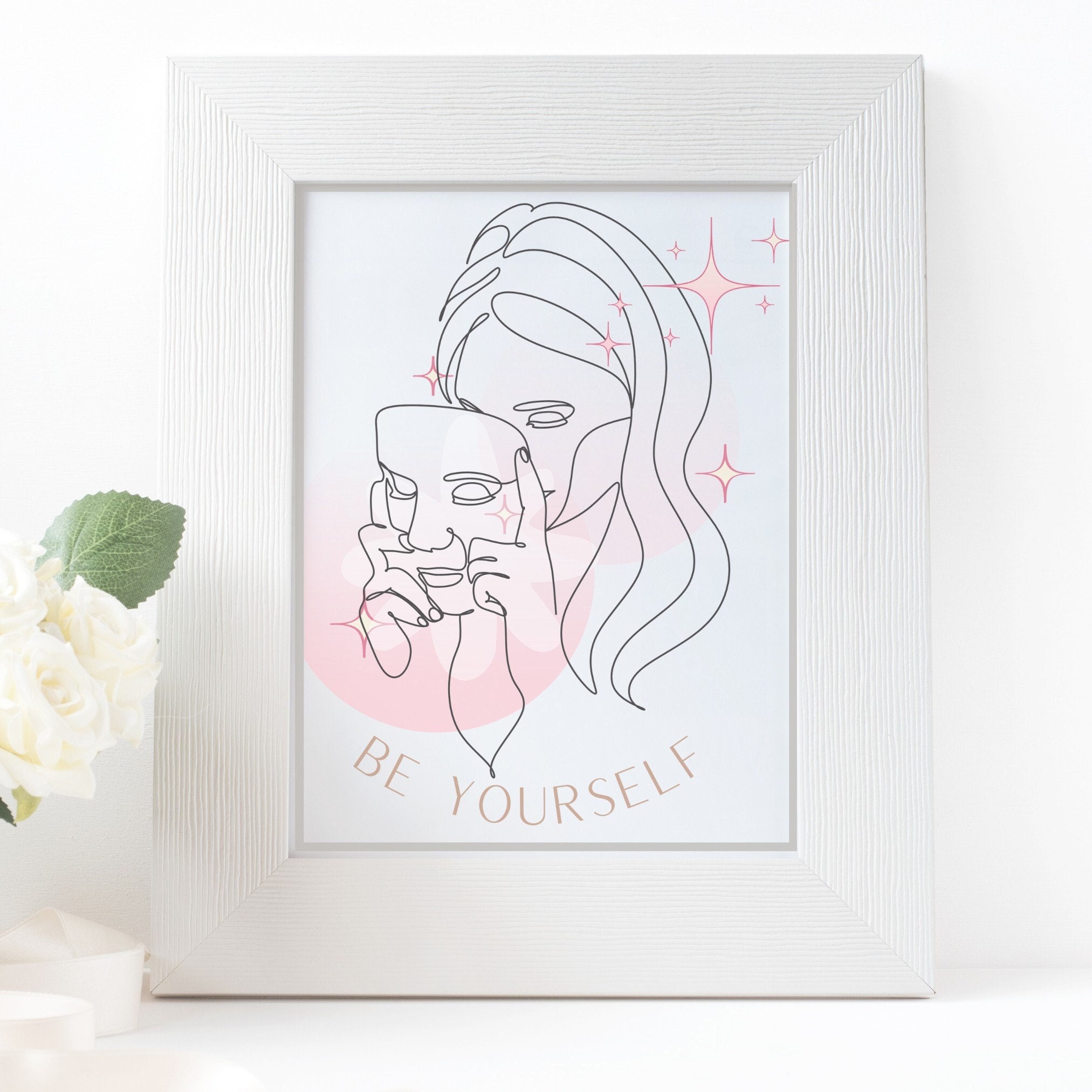 Be Yourself Line Drawing Art Print Empowering Woman Taking off Mask ...