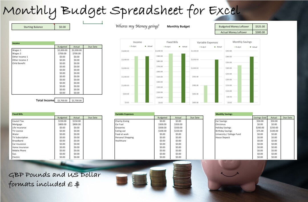 Simple Monthly Budget Spreadsheet, Excel, Budget Planner, Savings ...