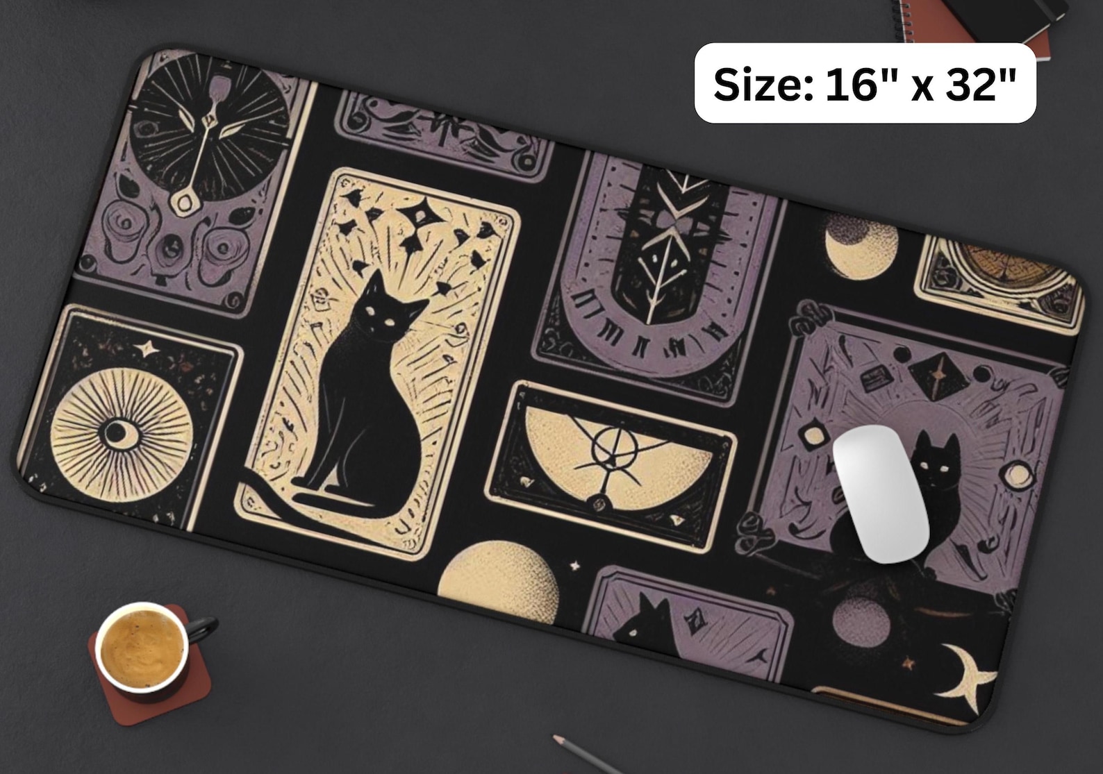 Cat Desk Mat, Witchcraft Deskmat, Celestial Mouse Pad, Witchy Black Cat ...