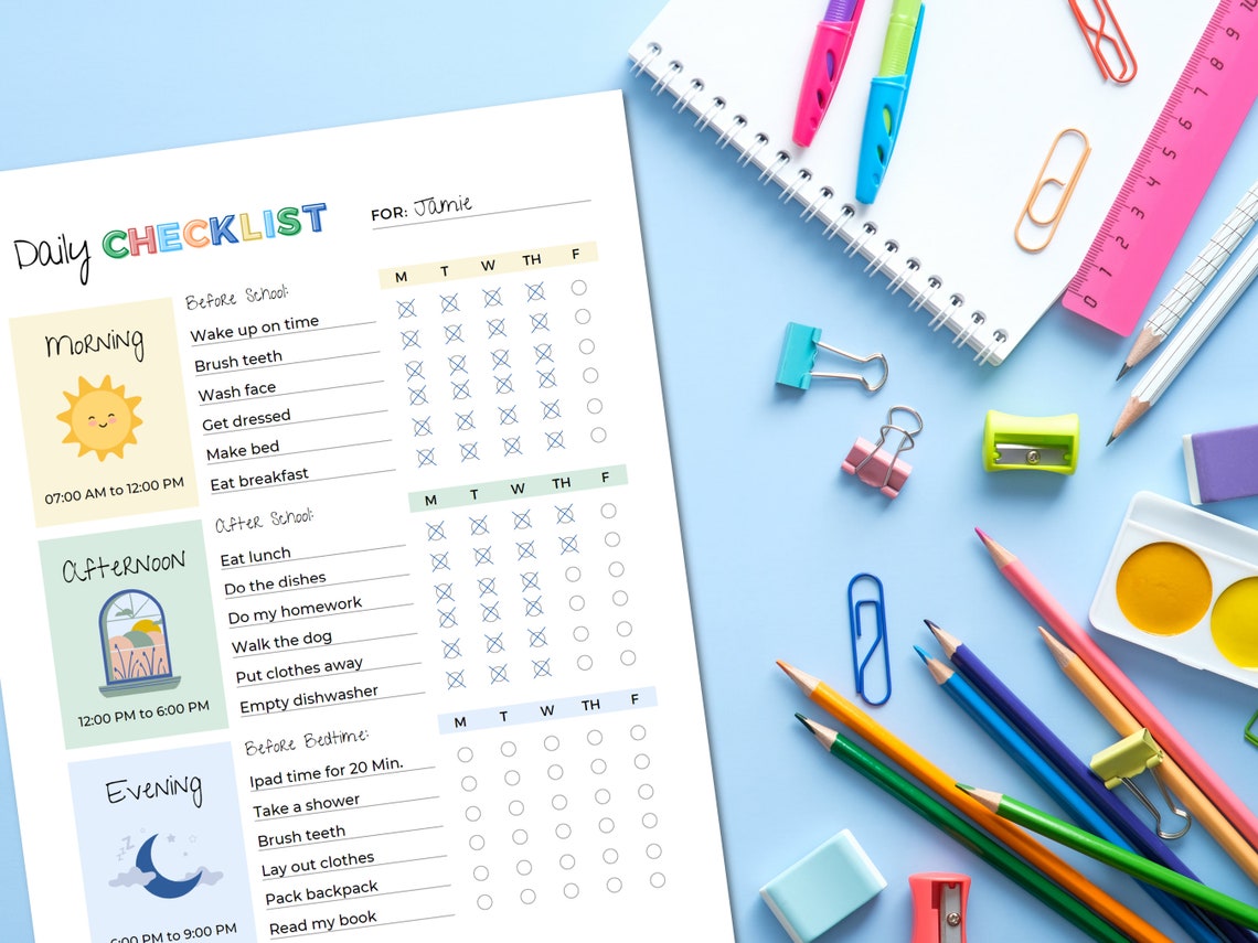 Daily Checklist for Kids 5 Day Daily School Checklist - Etsy
