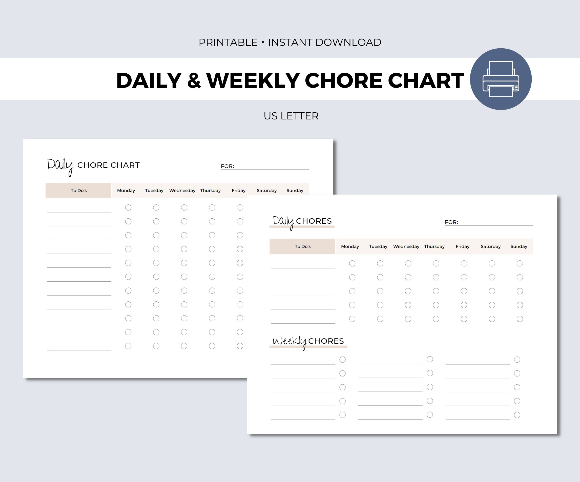 Chore Chart Printable, Daily Chore Chart, Weekly Chore Chart, Minimal ...