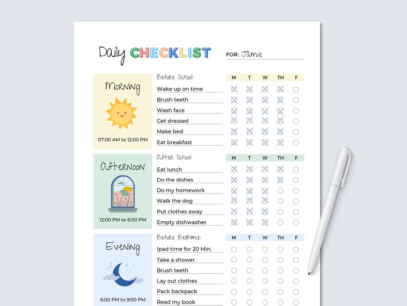 Daily Checklist for Kids 5 Day Daily School Checklist - Etsy