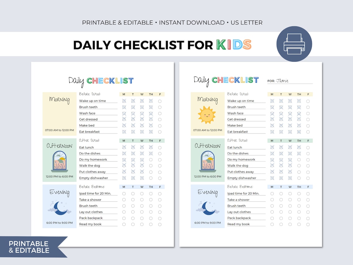 Daily Checklist for Kids 5 Day Daily School Checklist - Etsy