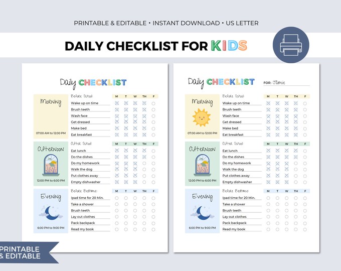 Daily Checklist for Kids, 5 Day Daily School Checklist Printable ...