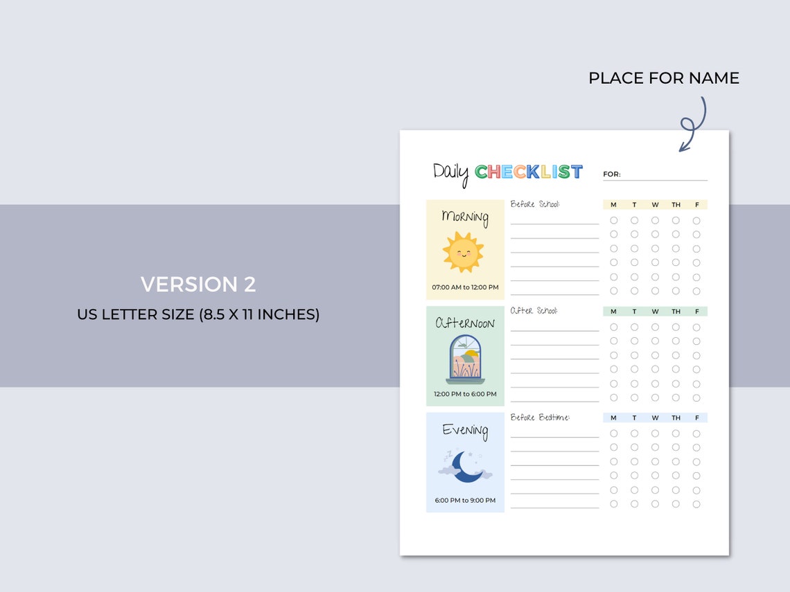 Daily Checklist for Kids 5 Day Daily School Checklist - Etsy