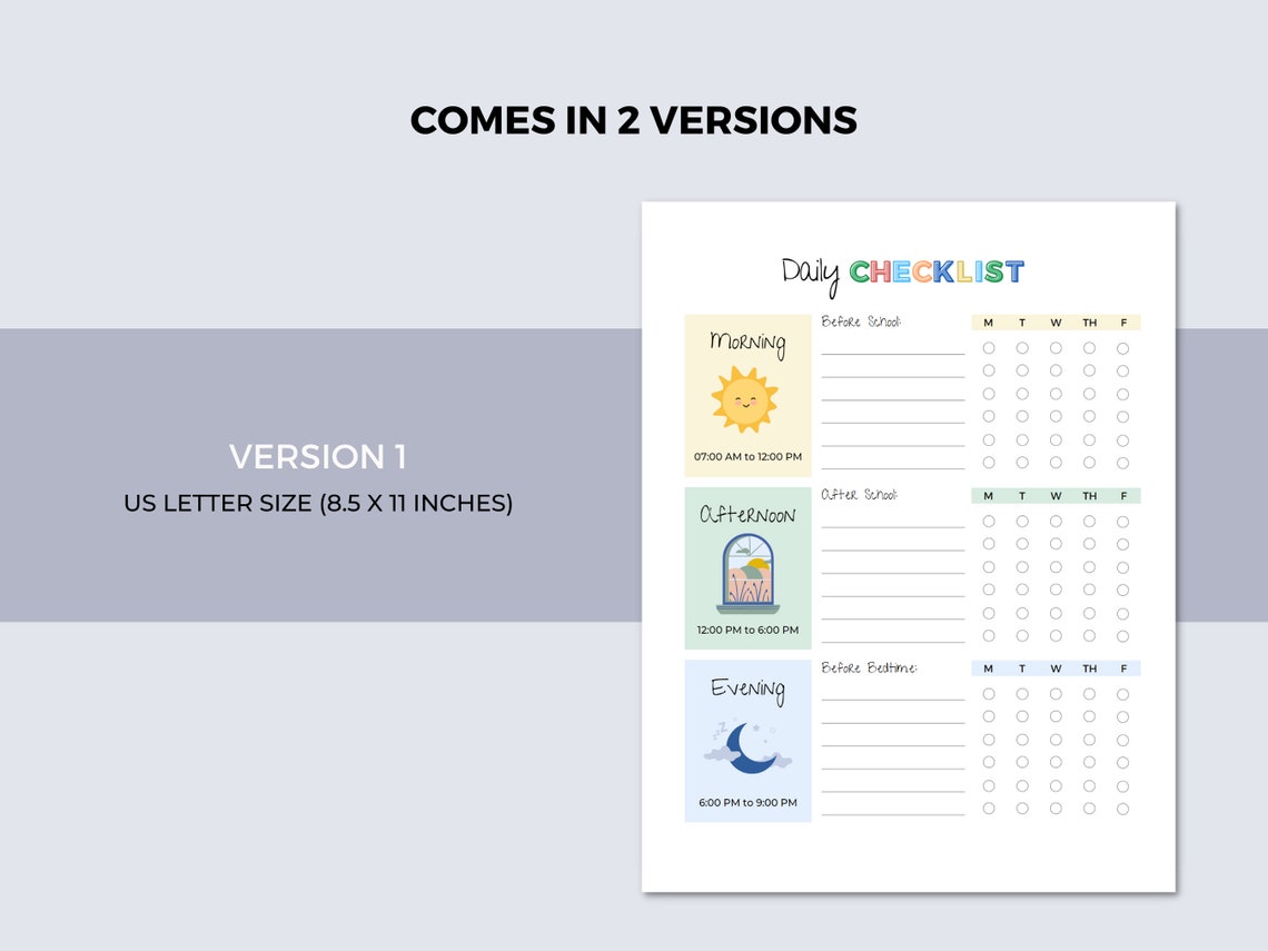 Daily Checklist for Kids 5 Day Daily School Checklist - Etsy