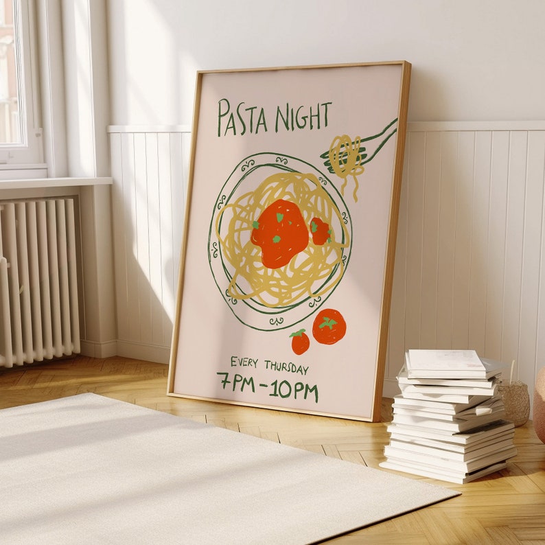 Pasta Night Art Poster - Mid-century Modern Kitchen Wall Art Canvas ...