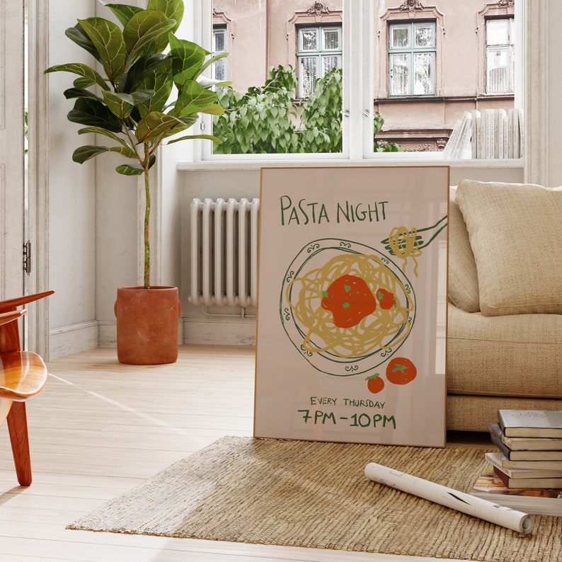 Pasta Night Art Poster - Mid-century Modern Kitchen Wall Art Canvas ...