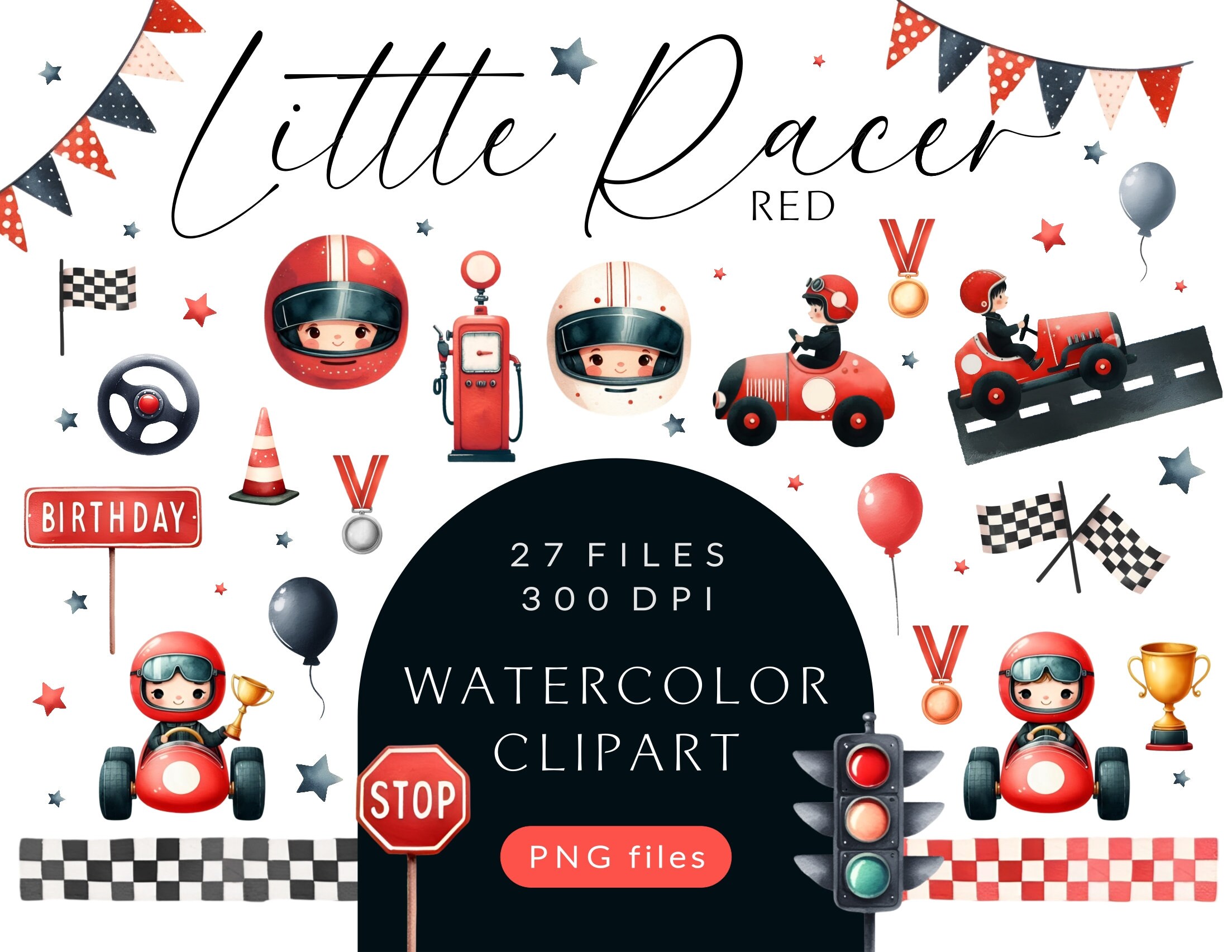 Red Little Racer Clipart Racing Cars Clip Art Watercolor Illustrations ...