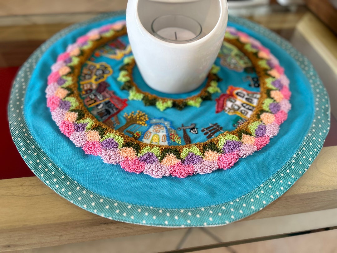 Embroidered Table Centerpiece With Houses, Embroidery Doily, Decorative ...