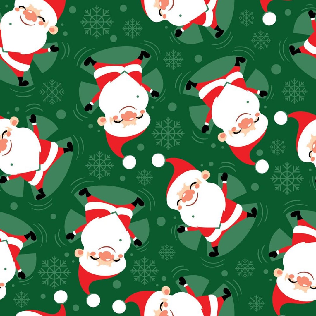 45 X 36 Christmas Santa Making Snow Angels on Green 100% Cotton Fabric ...
