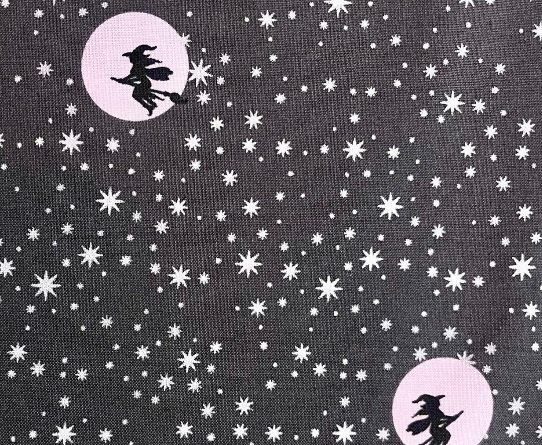 Halloween Starry Night Witch Moon Gray Sparkle Riley Blake 100% Cotton ...