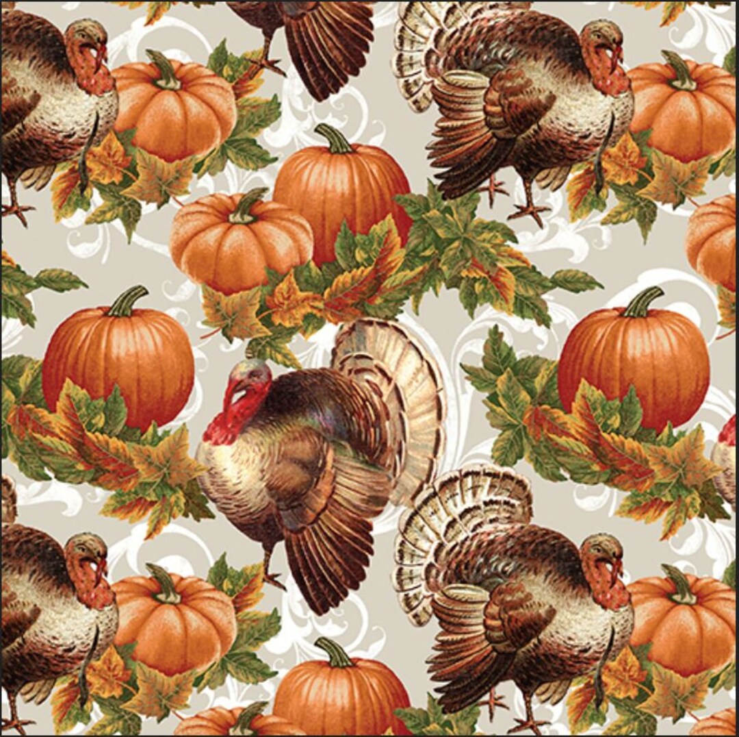 44 X 36 Turkey and Pumpkins on Cream Benartex Fall Thanksgiving 100% ...