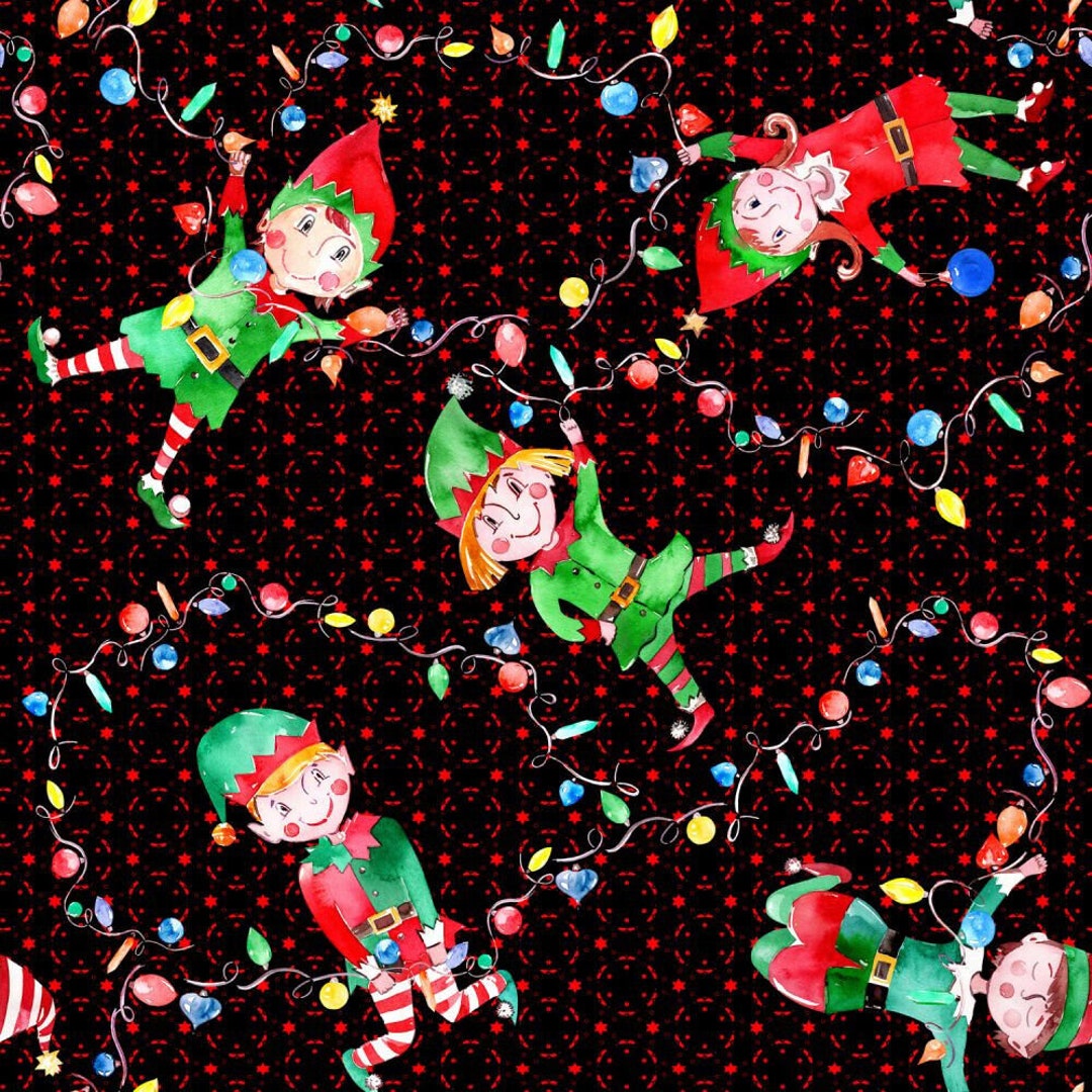 Christmas Fabric Dancing Elves Stringing Lights on Black by the Yard - Etsy