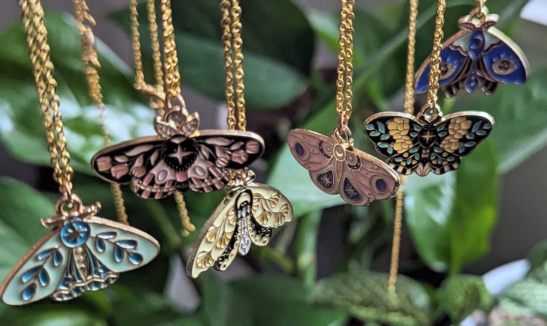 Luna Moth & Butterfly Gold Dainty Chain Pendant Necklace. Celestial ...